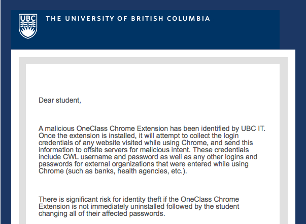 UBC issues warning about OneClass phishing attempts
